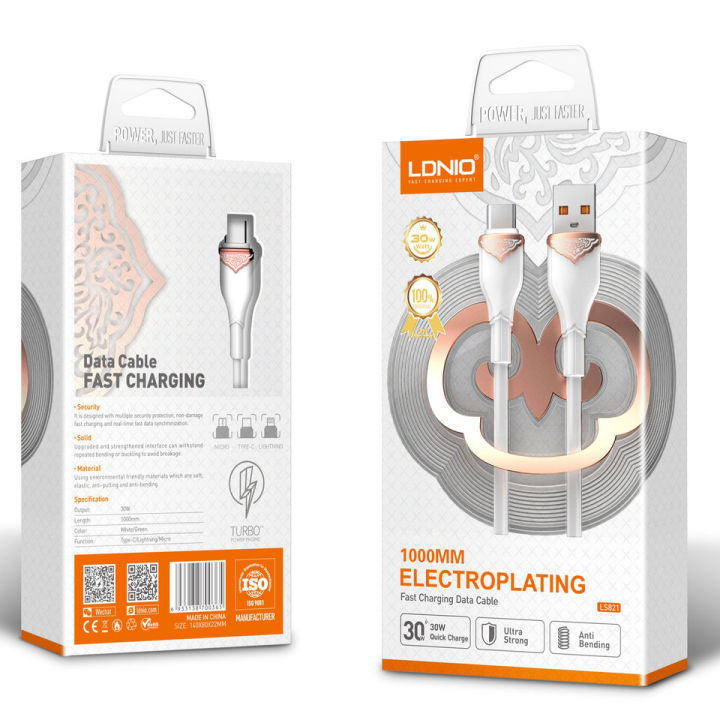 LDNIO LS821 1 Meter 30W Electroplating Fast Charging Data Cable For ...