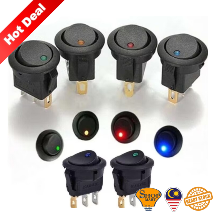Car Round On Off Switch With Dot Led Light 20A 12V 3 Pin Rocker SPST ...