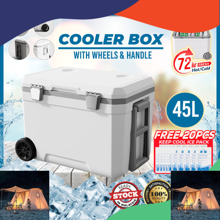 45L Camping Cooler Box with Wheel Trolley Large Ice Box Outdoor Fishing ...