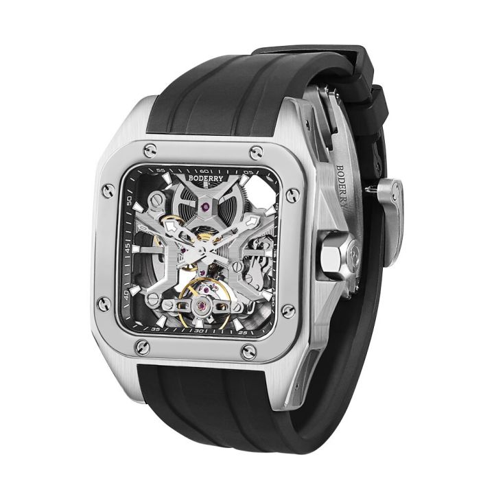 BODERRY Skeleton Watches Men's Square Titanium Automatic Mechanical ...