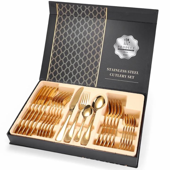 24Pcs/set Gold Cutlery Upscale Stainless Steel Western Tableware ...