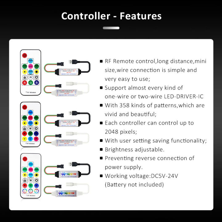 WS2811 WS2812B Controller 5V USB 12V 24V DC SK6803 IC LED Pixel Strip ...