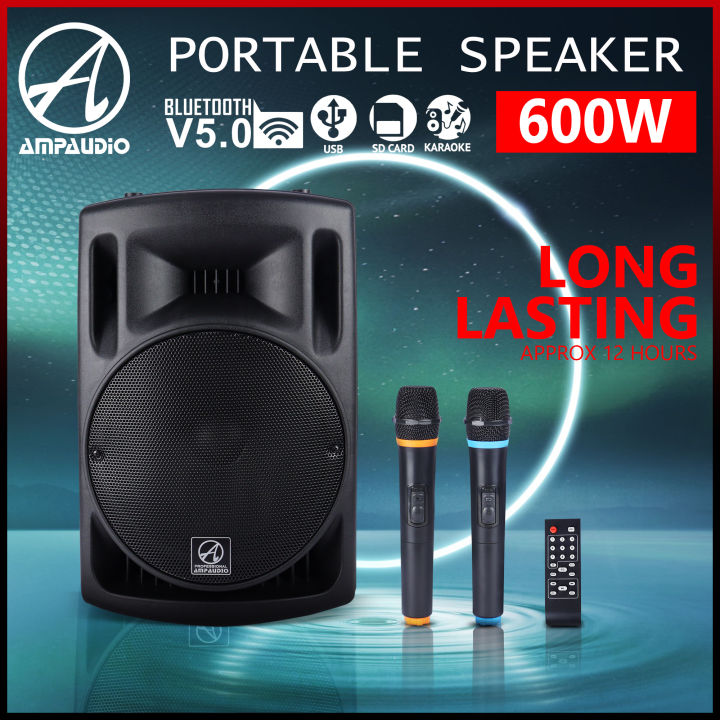 AmpAudio 12/15 Inch Bluetooth Portable Speaker with TWS Wireless Mic ...