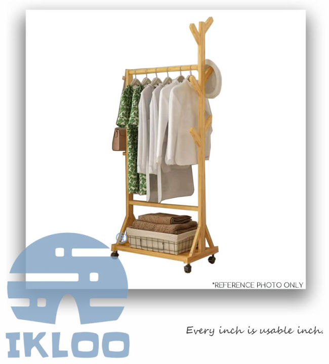 Ikloo bamboo wood hanger clothes hanging pole coat rack with 360 wheel ...