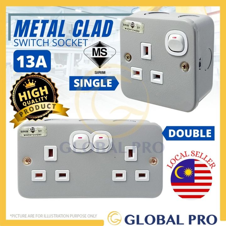 SINGLE / DOUBLE 13A Metal Switch Socket Metal Clad Socket Outlet SIRIM ...