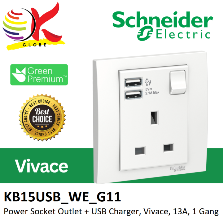 SCHNEIDER ELECTRIC VIVACE SERIES 13A 1 GANG POWER SOCKET OUTLET + USB CHARGER,WHITE (KB15USB_WE ...
