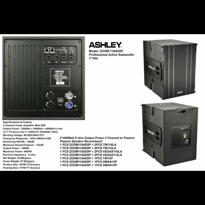 subwoofer aktif ashley zoom 1184dsp / zoom 1184 dsp 18 inch original ...