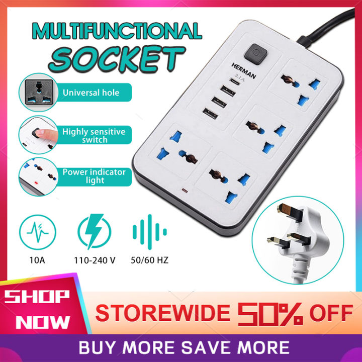 2M Type-C Ports Universal Extension Multi Cord with Power Socket USB ...