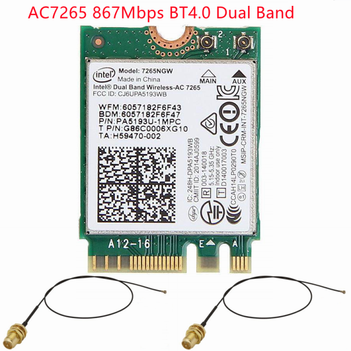 Intel Wireless AC 7265 7265NGW Dual Band 2.4Ghz 5Ghz 802.11ac 2X2 WiFi BT4.0 867Mbps การ์ด NGFF ...