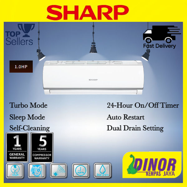 Sharp 1.0HP Self Clean R32 Non-Inverter Air Conditioner AHA9WCD2 / AUA9WCD2 | Dual Drain Setting ...