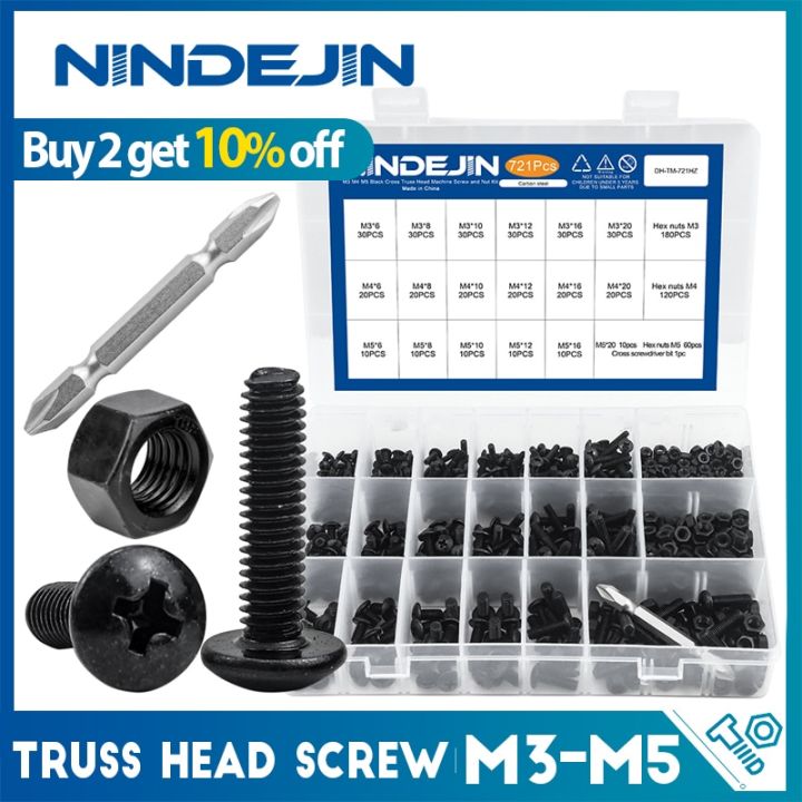 NINDEJIN Cross Truss Head Screw Set 721pcs M3 M4 M5 Carbon Steel Truss Mushroom Phillips Head ...