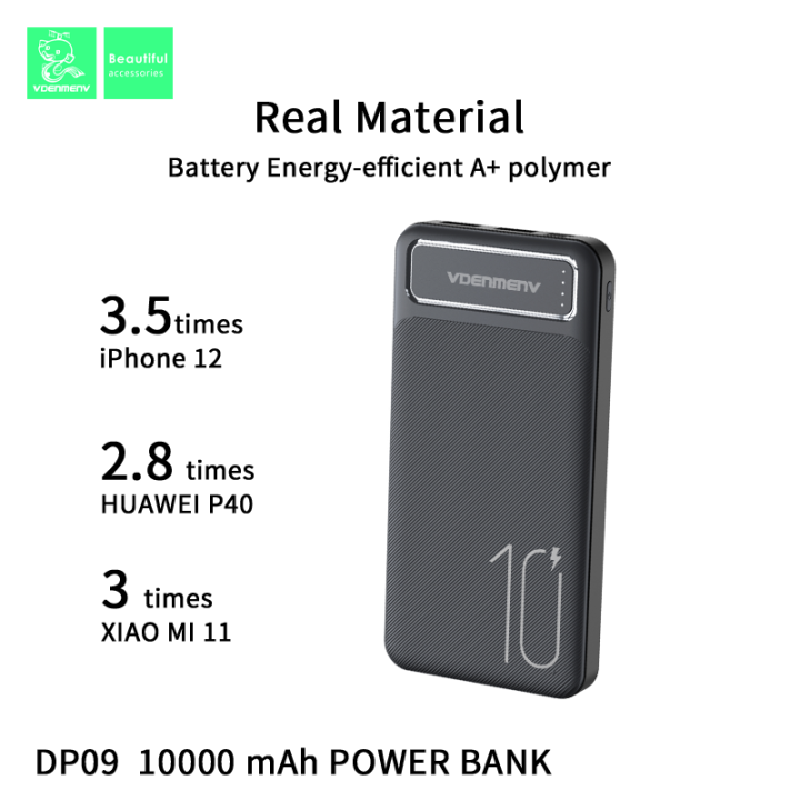 VDENMENV Power Bank 10000mAh Type-C Input 2.1A Fast Charger Dual USB Port Light And Thin DP09 ...