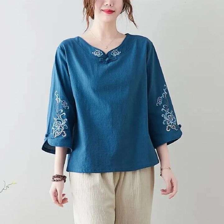 Women Blouse Vintage Embroidery Ethnic Style Lady Tops Cotton Linen ...