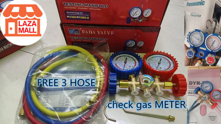 METER GAS HOME/CAR AIRCOND FRIDGE +3pcs HOSE CHECK PRESSURE R22 R410A ...