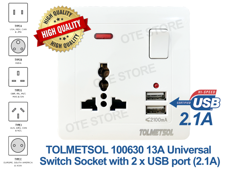TOLMETSOL 100630 1G 13A Universal Switch Socket Outlet with 2 x USB ...