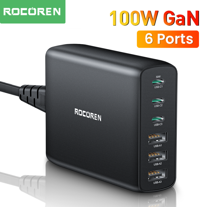 Rocoren 100W GaN Charger 6 Ports USB Type C PD Fast Charger Quick ...