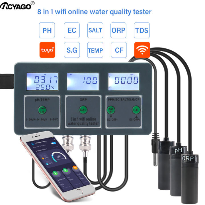 RCYAGO WIFI Smart Water Detector 8 in 1 PH/ORP/EC/Salt/Temp/CF/S.G./TDS ...