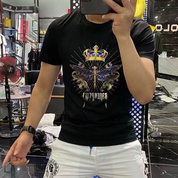 FULAIDA เสื้อยืดแขนสั้นประดับเพชรสำหรับผู้ชาย,เสื้อยืดคอกลมแขนสั้นลาย ...