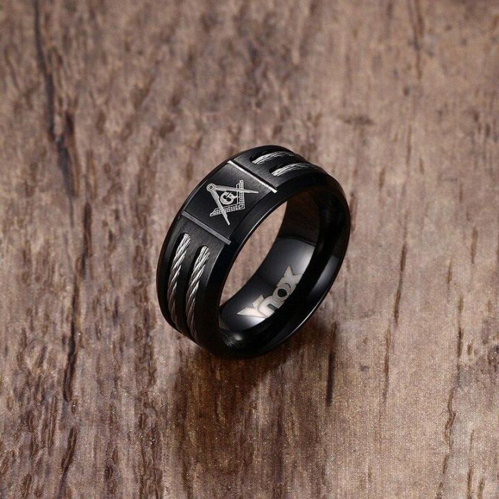 Uenjoyment 9mm Vintage Masonic Ring Men Jewelry Black Stainless Steel ...