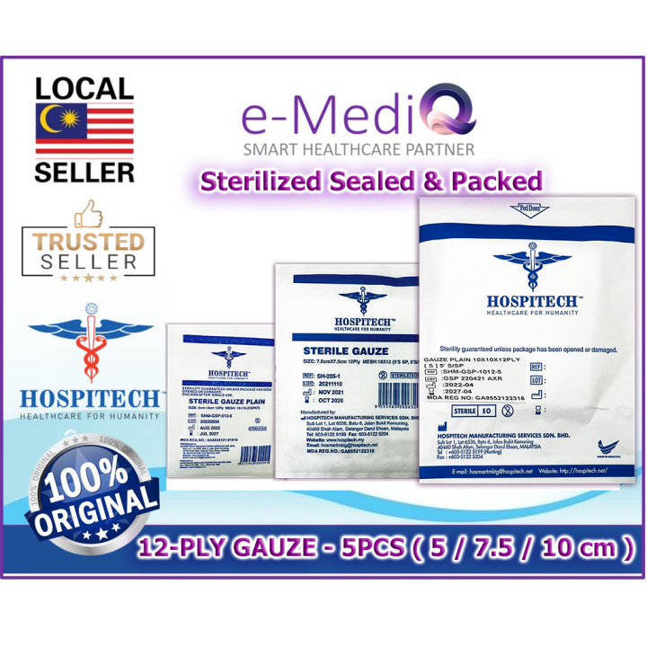 Sterile 5Pcs Packed Plain Gauze by Hospitech 5x5cm / 7.5x7.5cm / 10x10cm [Medical Grade] (Exp ...