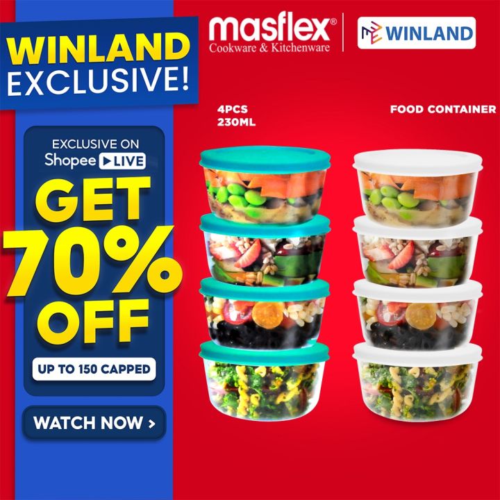 MASFLEX by Winland 4 Pieces Borosilicate Glass 230ml Food Container with Lid FE-230W/FE-230G ...
