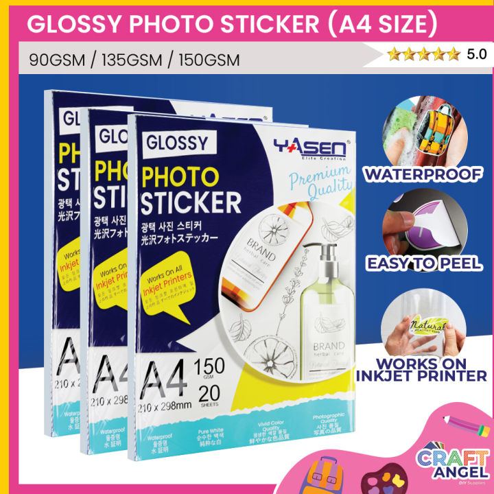 Yasen 20 Sheets Photo Sticker Paper Waterproof A4 Size 90GSM/135GSM ...