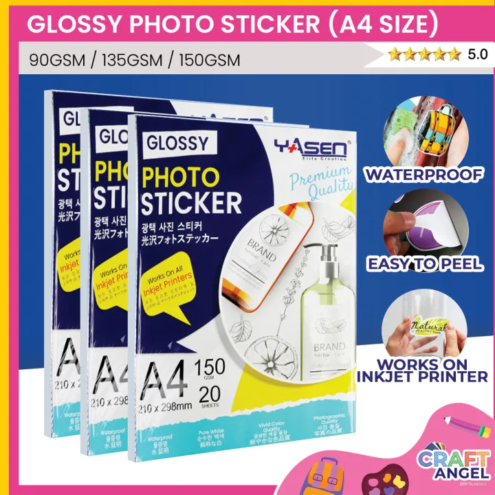 Yasen 20 Sheets Photo Sticker Paper Waterproof A4 Size 90GSM/135GSM ...