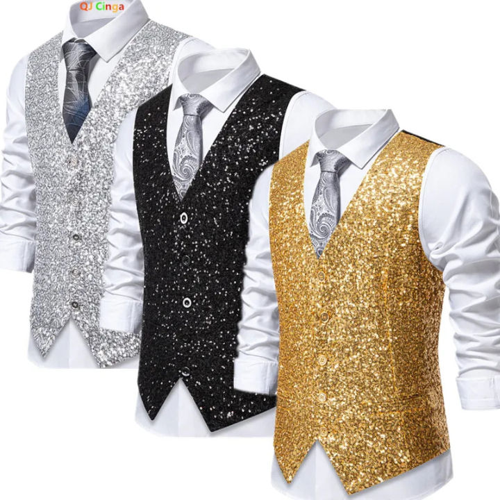 SDScGold Sleeveless Suit Vest with Shiny Silver Sequin Decoration ...