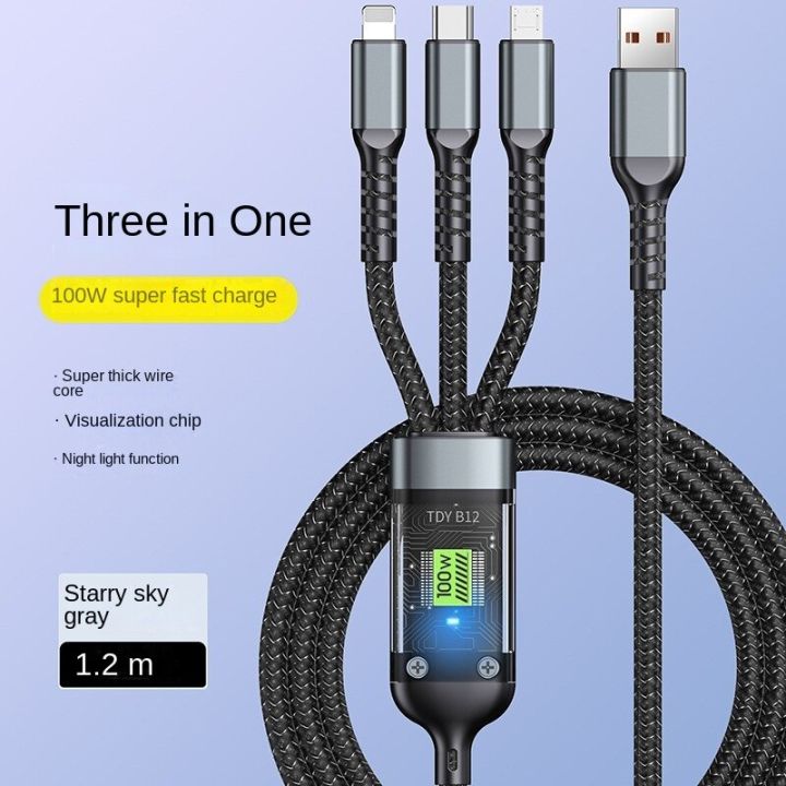 New Transparent Large and Medium Card Luminous 3 in 1 Data Cable 100W ...