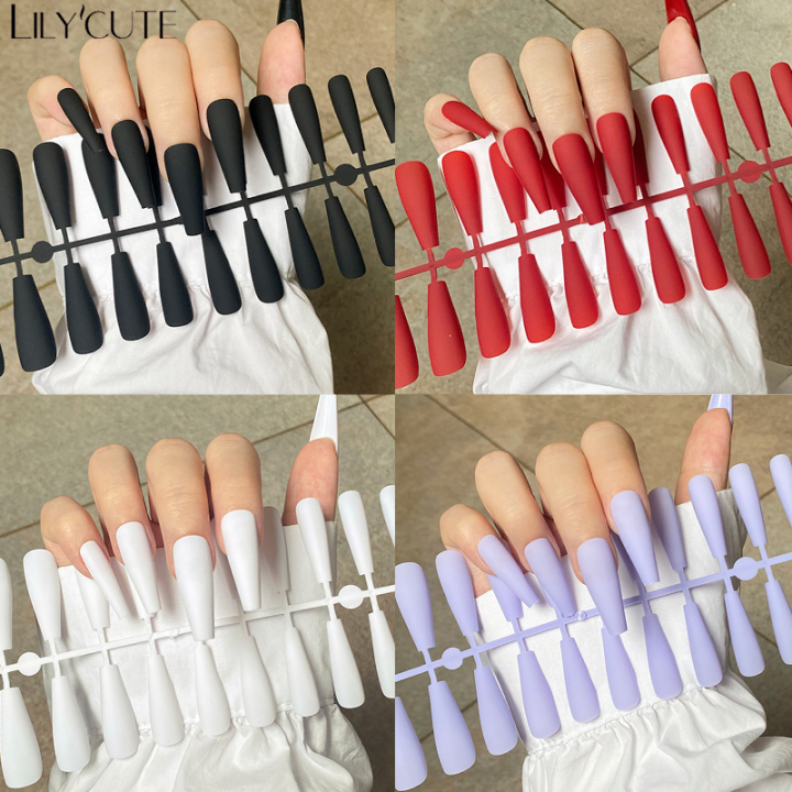 Lilycute 24pcs Matte Long Coffin False Solid Color Nail Ballet Press On