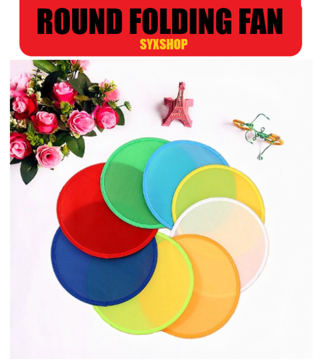 SYX 1pc Round Foldable Fan Plain Nylon Colorful Frisbee Folding Fan ...