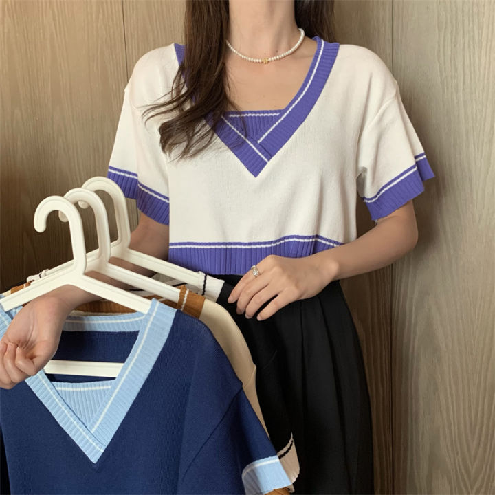 Gakki เสื้อยืดคอวีแขนสั้นผู้หญิง ไหมพรม ผ้านิ่มใส่สบาย ฟรีไซส์ พร้อมส่ง 9313-1# | Lazada.co.th