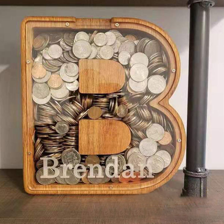 26 Letters English Alphabet Piggy Bank Wooden DIY Style Coin Money ...