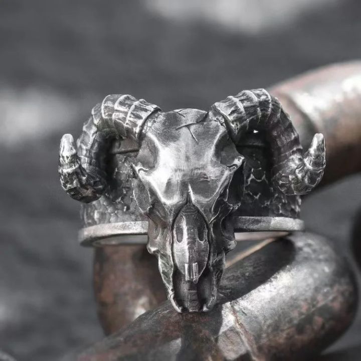 1 Retro Punk Skull Ram Head Ring - Unisex Hip-Hop Style with Motorcycle ...