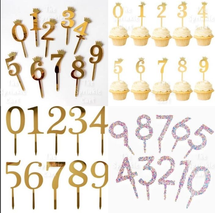 Acrylic Number Cake Topper Glitter Gold Crown Plain Big Colorful Number ...