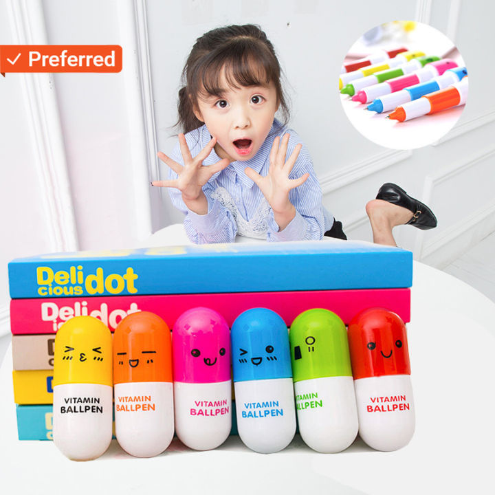 5 PCS Cute Face Pill Ball Point Pen Telescopic Vitamin Capsule Ballpen ...