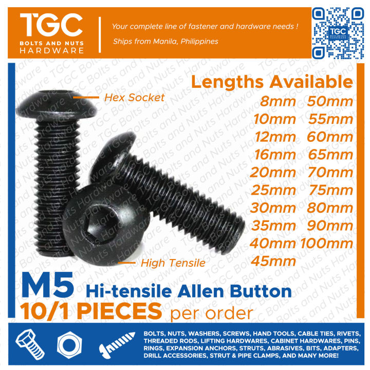 TGC 10PCS HT Allen Button M5 x 6~100 mm Socket Hex Dome Head Bolt High ...