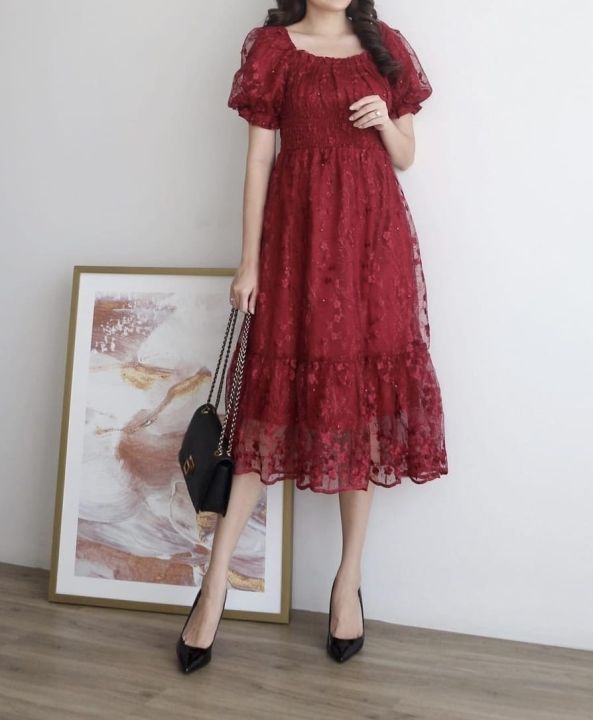 Dress Meldy MATT BROKAT TILE MUTIARA LAPIS FURING SIZE M L XL PINGGANG ...