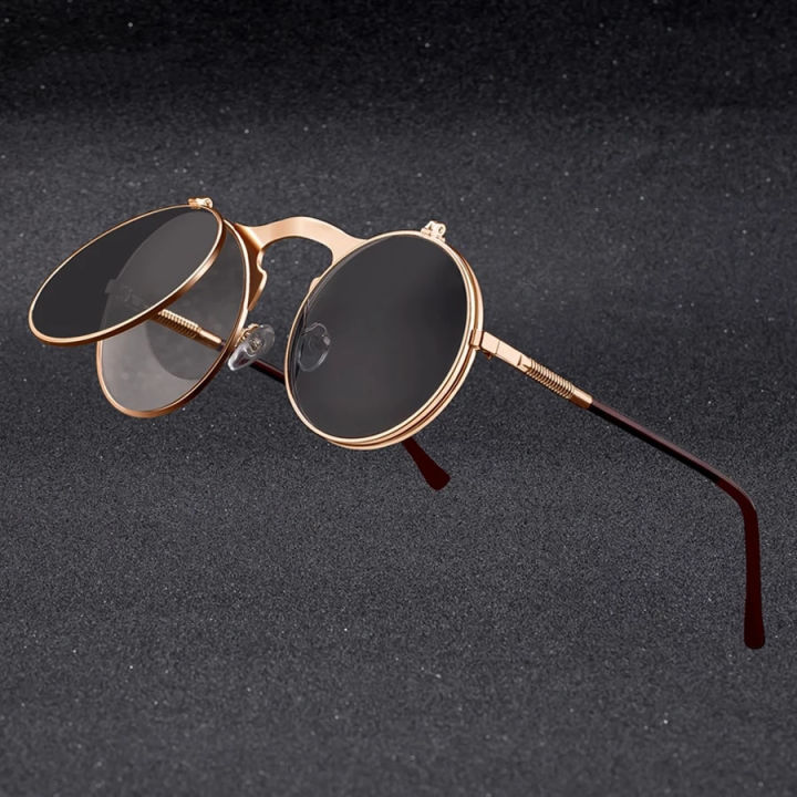 Vintage Steampunk Flip Sunglasses Retro Round Metal Frame Sun Glasses ...
