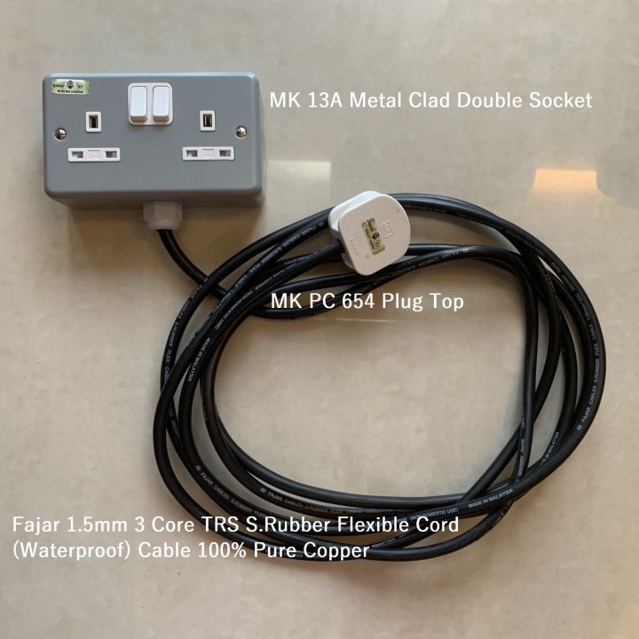 MK Heavy Duty 2 Gang Metal Switch Socket with MK Plug Top & Fajar 1.5mm ...