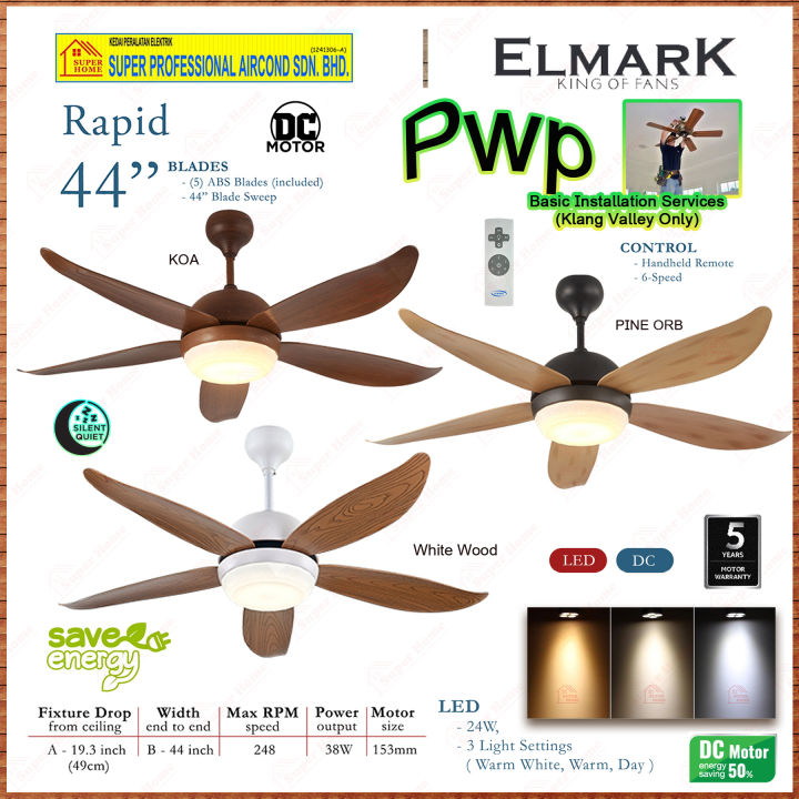 Elmark Rapid Ceiling Fan With LED Light (24w 3 Tones Color LED Light ...