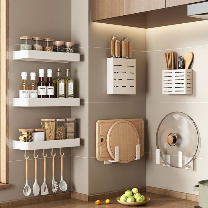 White Kitchen Rack Wall Mounted Hoy Chopsticks Punch-Free Seasoning ...