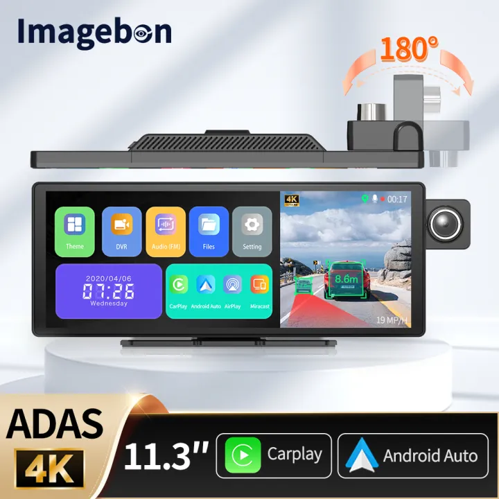 Imagebon 11.3" 4K ADAS Dash Cam Wireless CarPlay & Android Auto 3 Channel Recording Car DVR FM ...