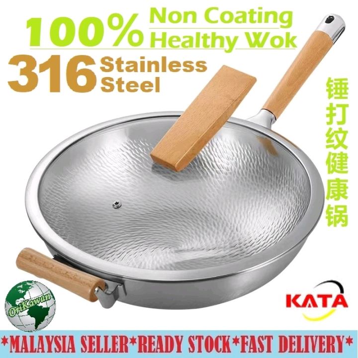 316 Stainless Steel Non Coating (34CM) Healthy Wok Non Stick Cooking ...