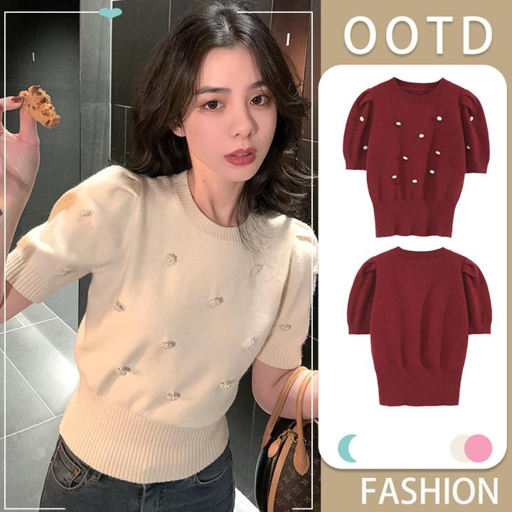 mimi&didi.เสื้อครอปไหมพรม เสื้อน่ารัก แฟชั่นแขนพัฟ เสื้อสเวตเตอร์ถักทรงหลวมสไตล์อ่อนโยนที่คอกลม ...