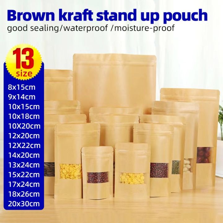 50pcs/100pcs Brown Kraft Stand Up Pouch Resealable Plastic Paper ...