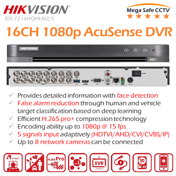 HIKVISION iDS-7216HQHI-M2/S 16Channel 1080p 1U H.265 Acusense DVR, 2 ...