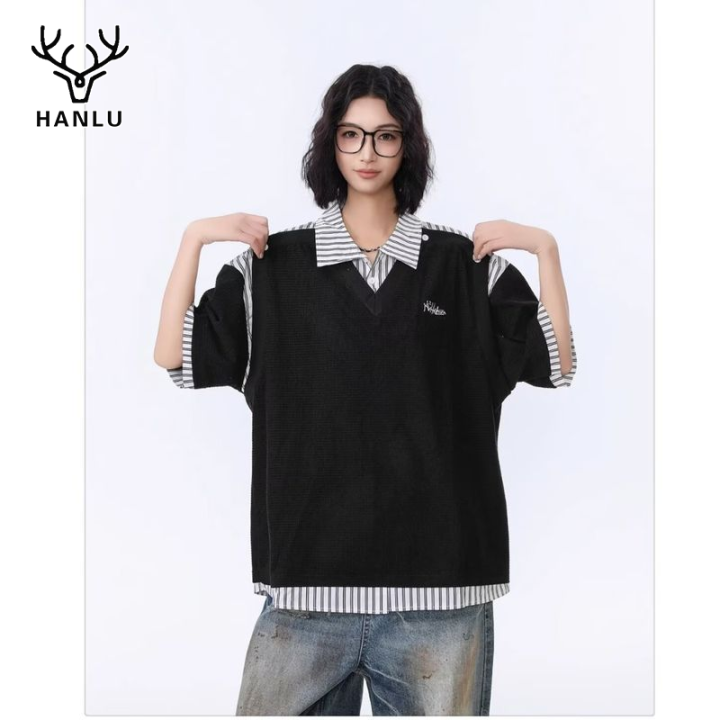 Hanlu เสื้อแขนสั้นผู้ชายสไตล์อเมริกันวินเทจสไตล์ญี่ปุ่นฮาราจูกุปลอมสอง ...