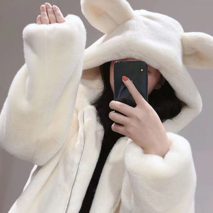Ruo Bei Xuan 2023มีฮู้ดสำหรับผู้หญิง,ความยาวปานกลางผ้ากำมะหยี่หนาหูหมี ...