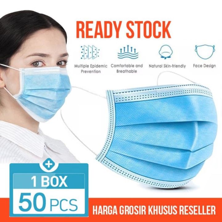 MASKER BIRU 1 Box isi 50pcs Masker 3Ply Mulut Wajah Medis Disposable ...